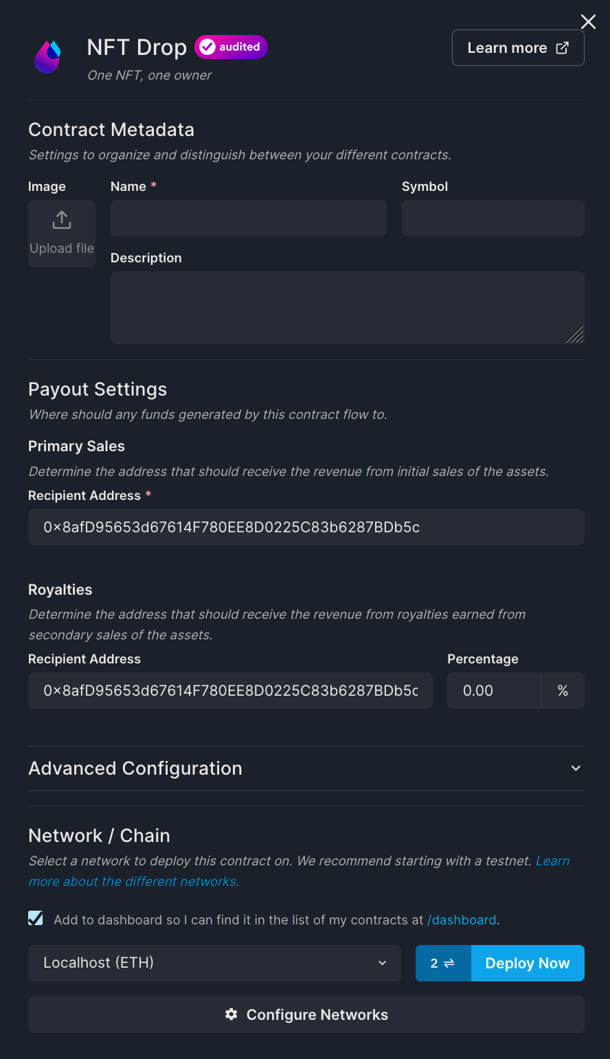 Deploying contracts to local blockchains using thirdweb